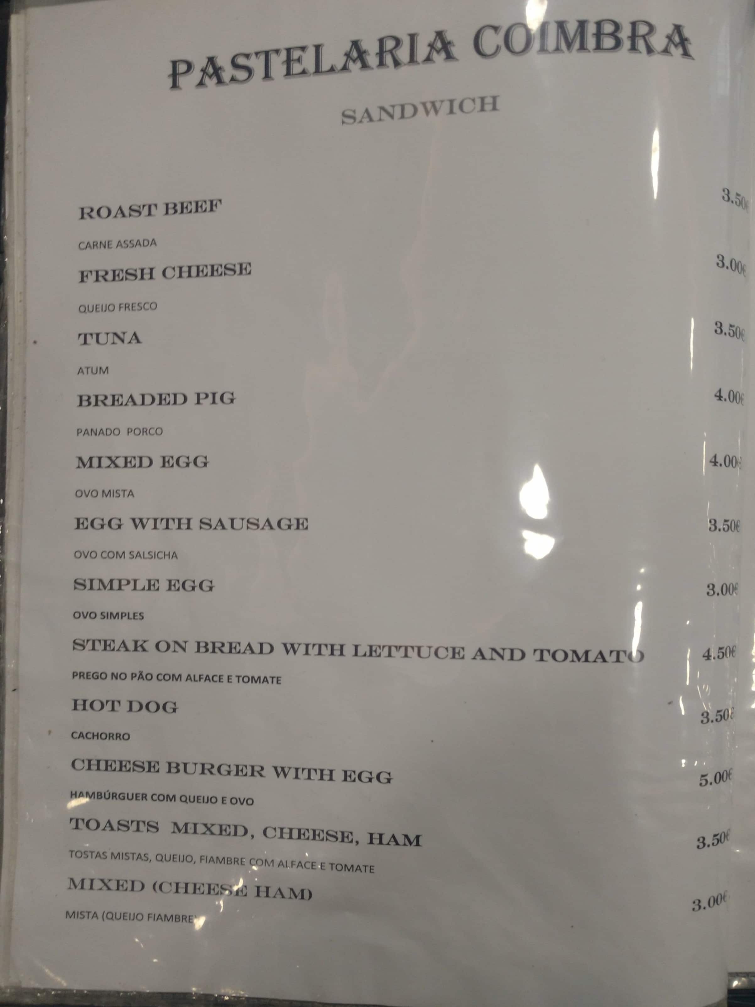 Menu at Coimbra cafe, Lisbon, R. Alexandre Herculano 29 F