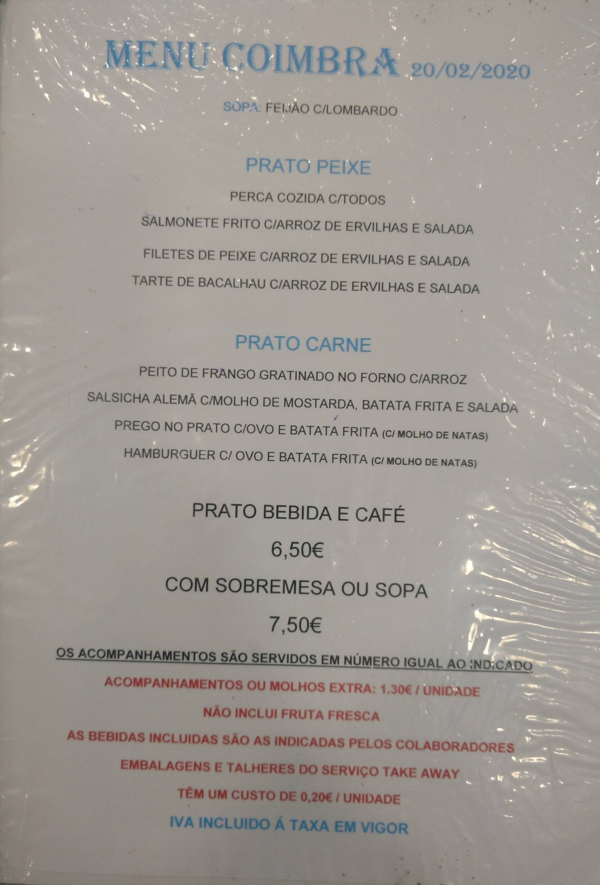 Menu at Coimbra cafe, Lisbon, R. Alexandre Herculano 29 F