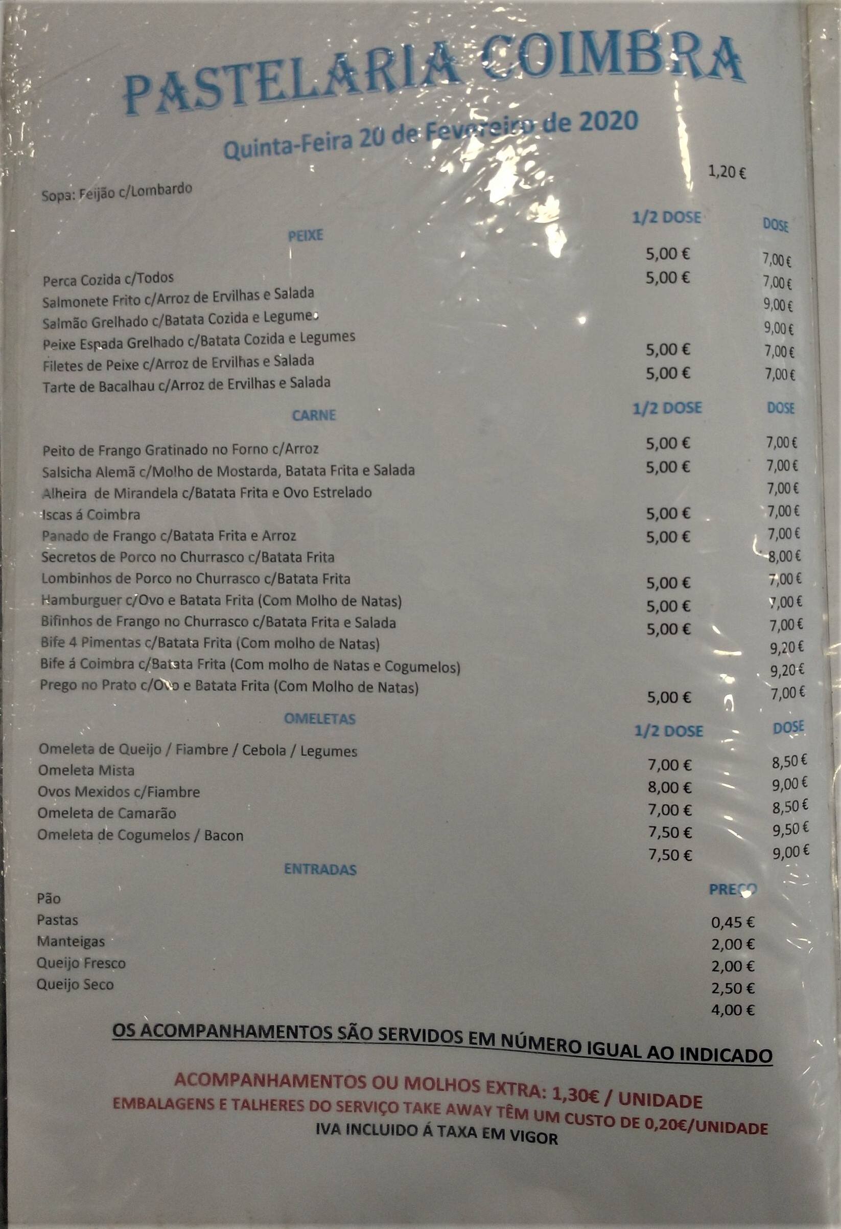 Menu at Coimbra cafe, Lisbon, R. Alexandre Herculano 29 F