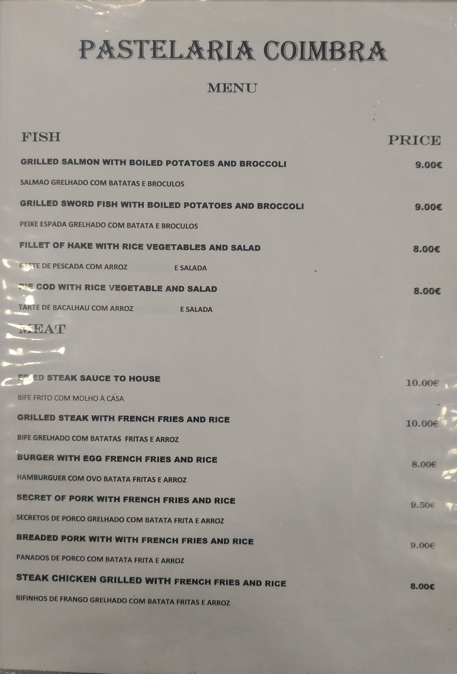 Menu at Coimbra cafe, Lisbon, R. Alexandre Herculano 29 F