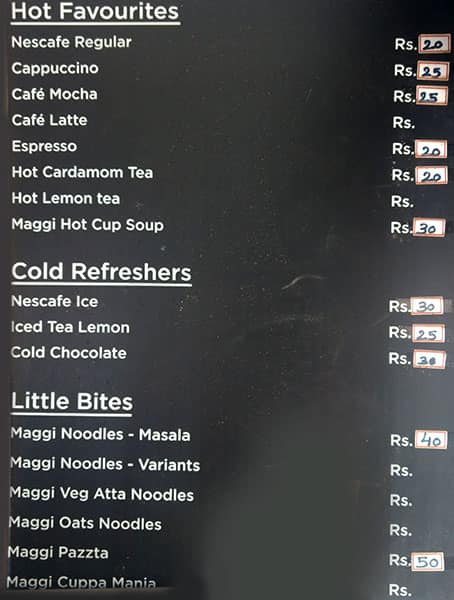 Menu at Nescafe Parlour, India, LD Engineering Campus