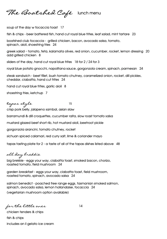 Menu at The Boatshed Restaurant, South Perth