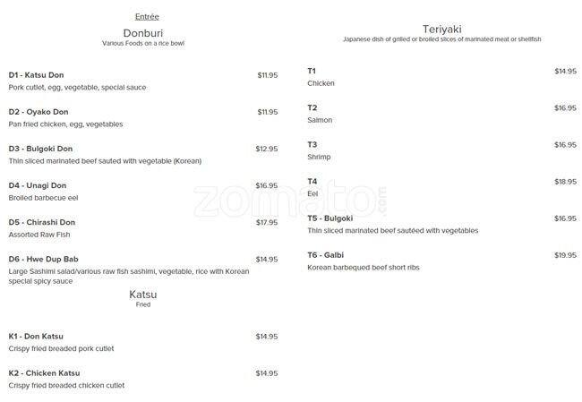 Menu at Kenzo restaurant, Murphy