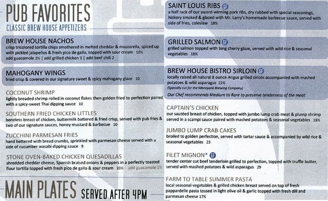Menu at Manayunk Brewing Company pub & bar, Philadelphia, 4120 Main St