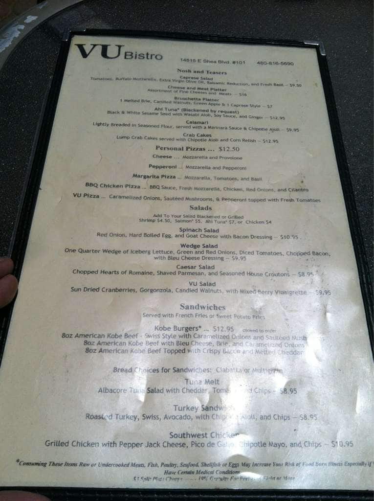 Menu at Vu Bistro restaurant, Fountain Hills
