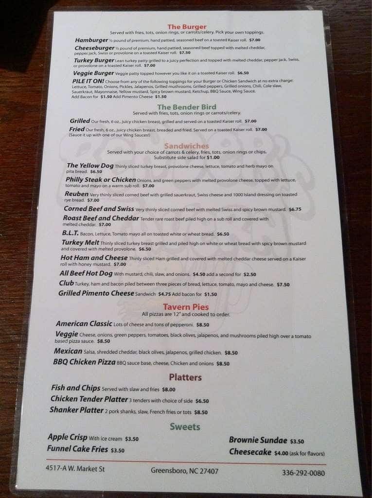 Menu at Benders Tavern pub & bar, Greensboro