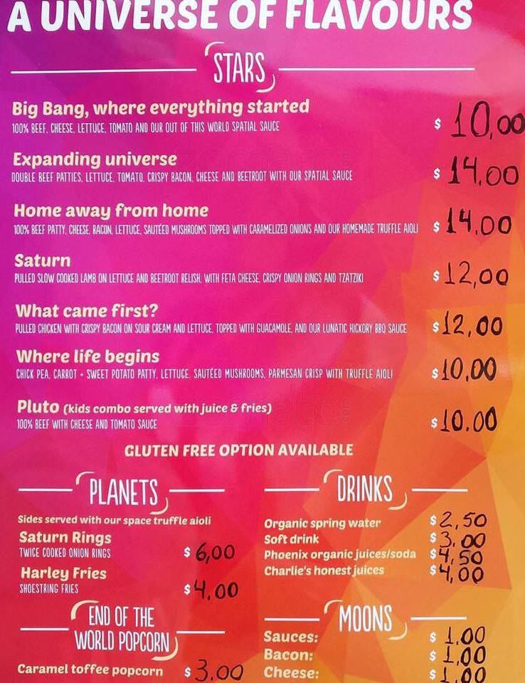 Menu at Cosmos Burger, Gold Coast