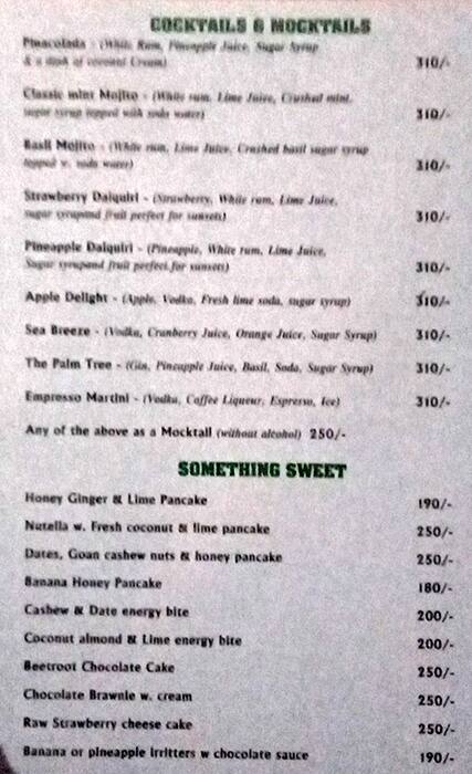 Menu at Bamboo Yoga Retreat Restaurant, Agonda