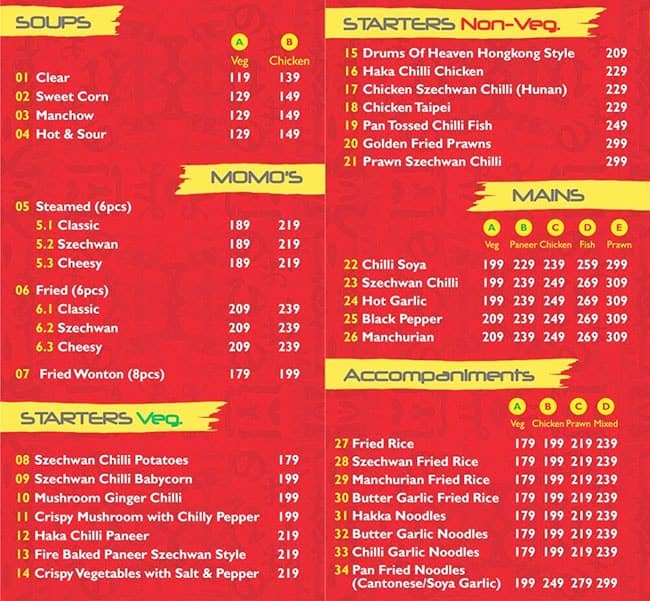 Menu of Haka, KR Puram, Bangalore