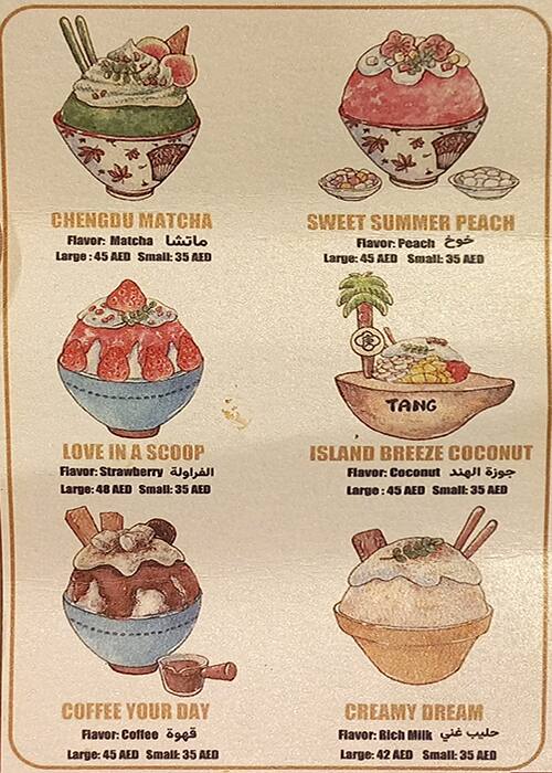 Menu of Tang, Al Safa, Dubai