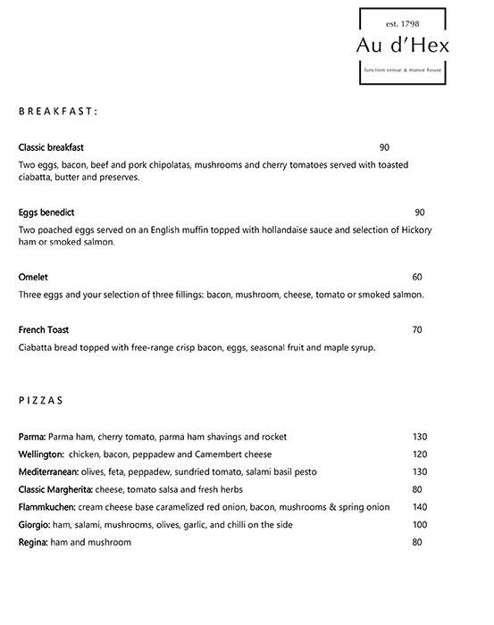 Menu at Au d' Hex Estate, Wellington