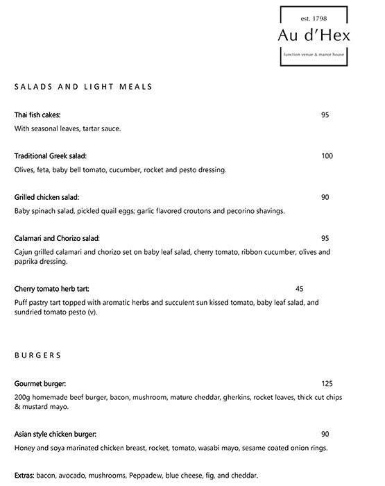 Menu at Au d'Hex Estate, Cape Town