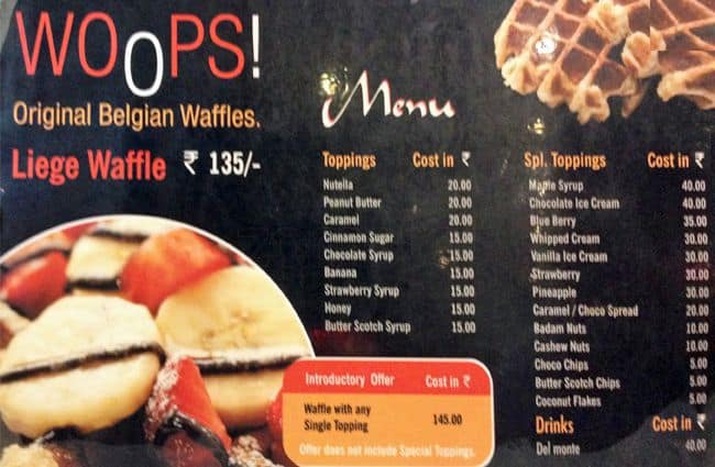 Menu at Woops, Chennai, Express Avenue