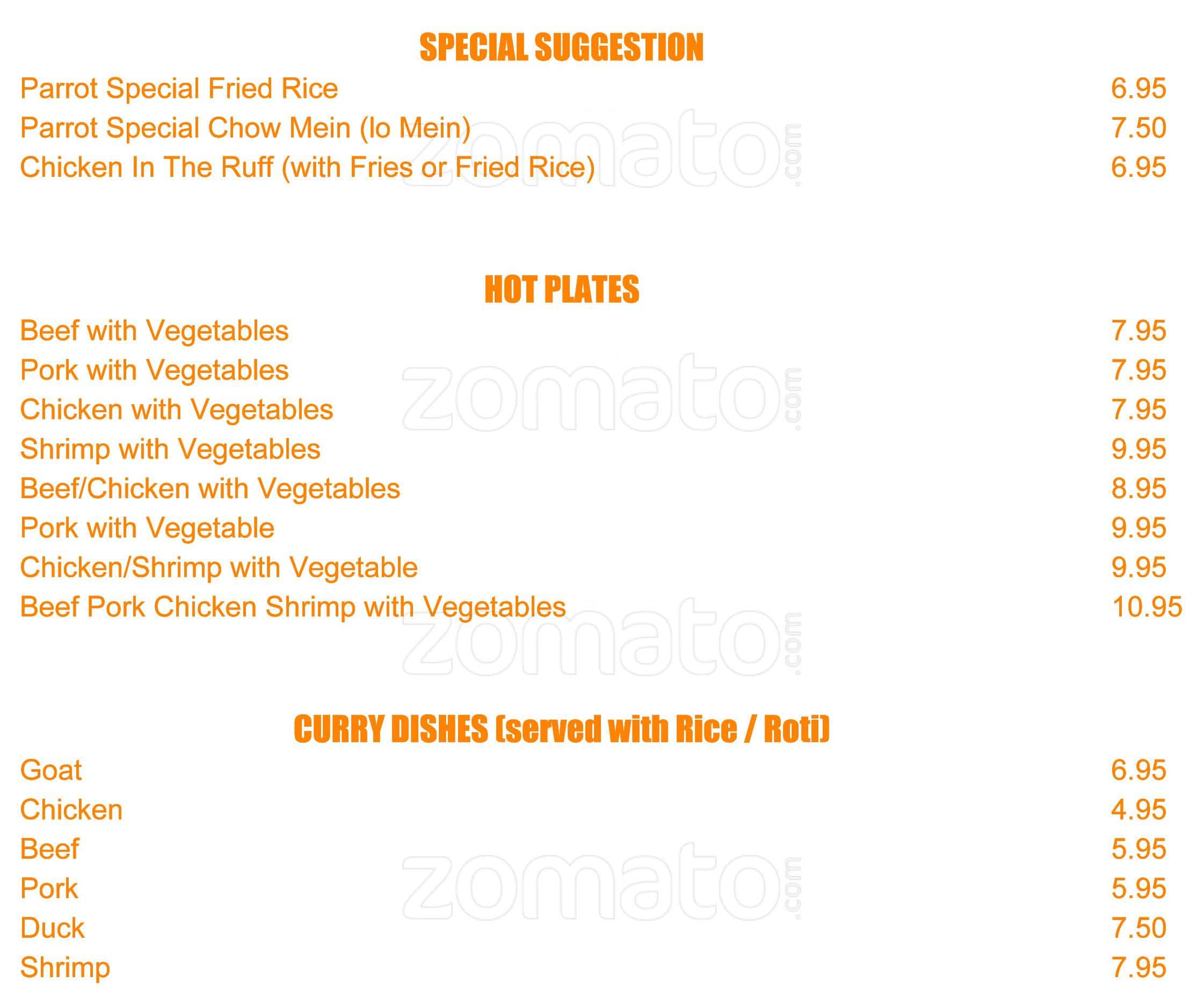 Menu at Parrot Nest restaurant, Toronto