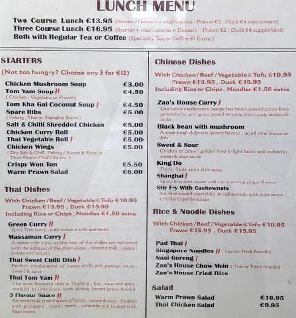 Menu at Zao Restaurant - (Chrysanthemum2 Santry), Dublin