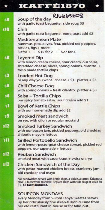 Menu at Kaffe 1870 pub & bar, Wakefield, 715 Chem. Riverside