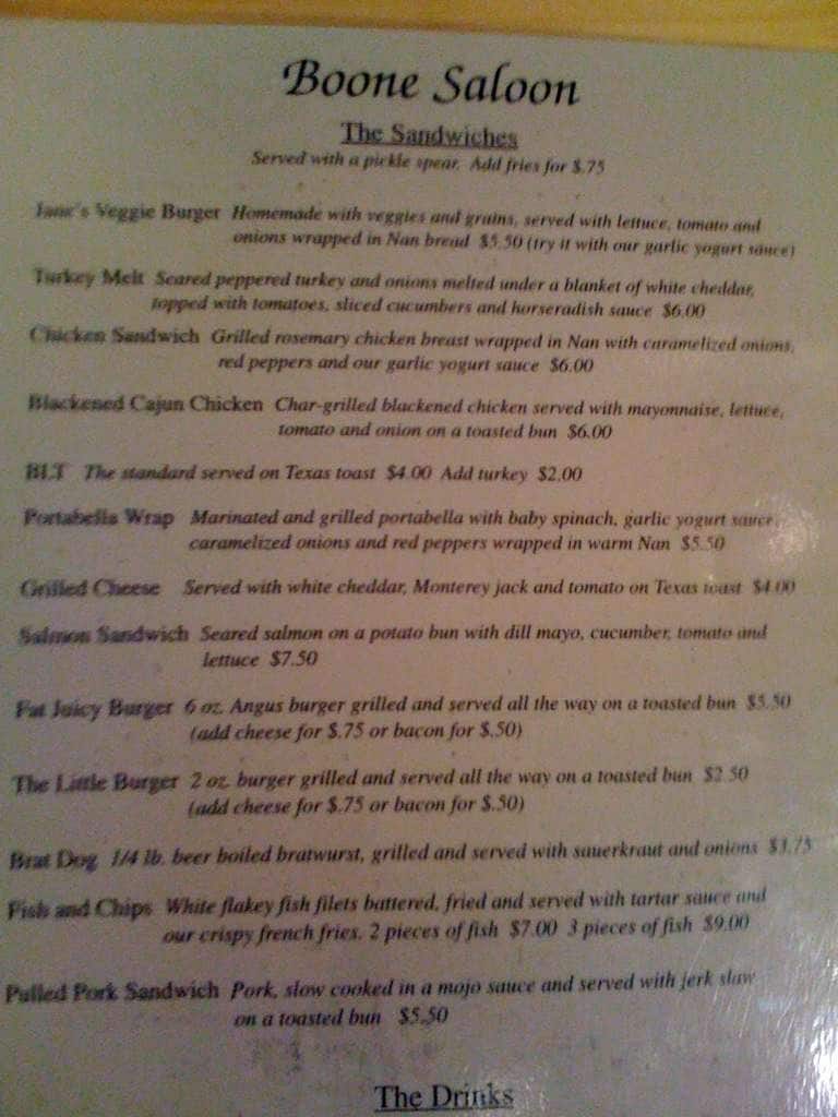 Menu at Boone Saloon pub & bar, Boone
