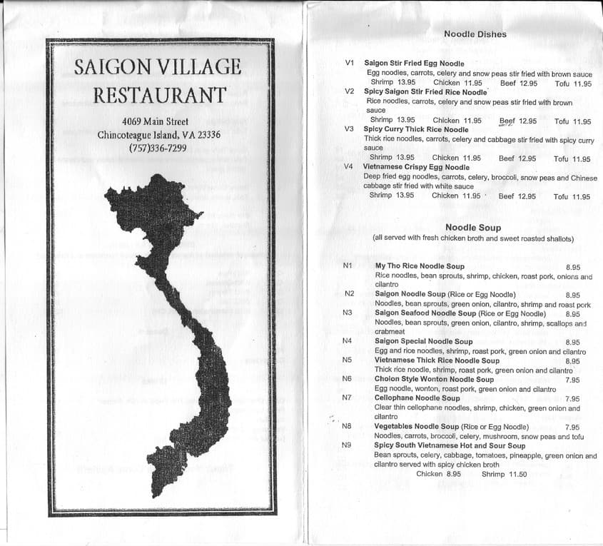 Menu at Saigon Village Restaurant 2001, Chincoteague Island