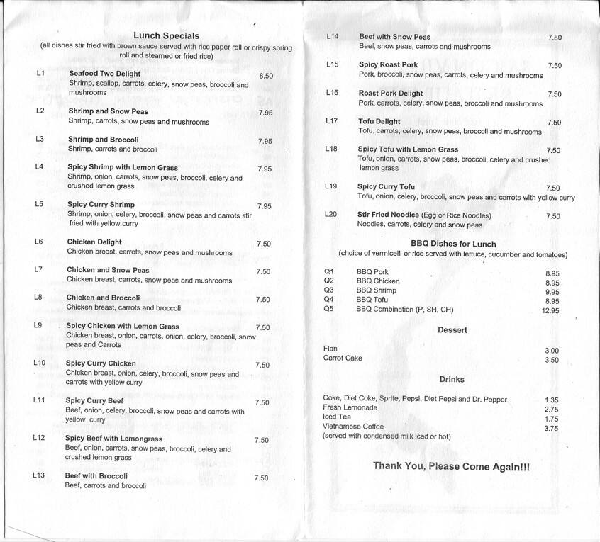 Menu at Saigon Village Restaurant 2001, Chincoteague Island