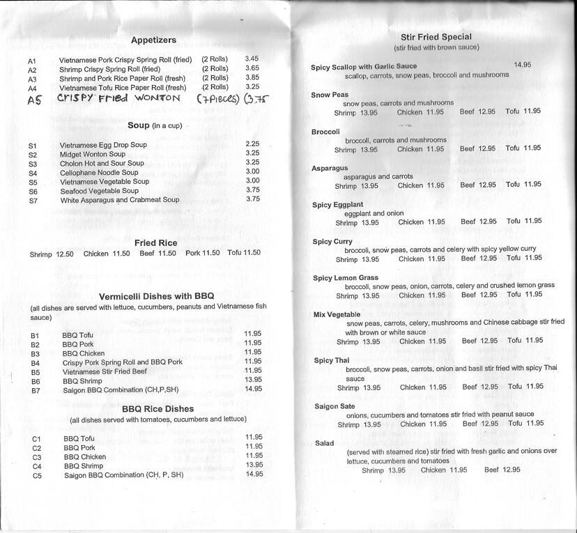 Menu at Saigon Village Restaurant 2001, Chincoteague Island
