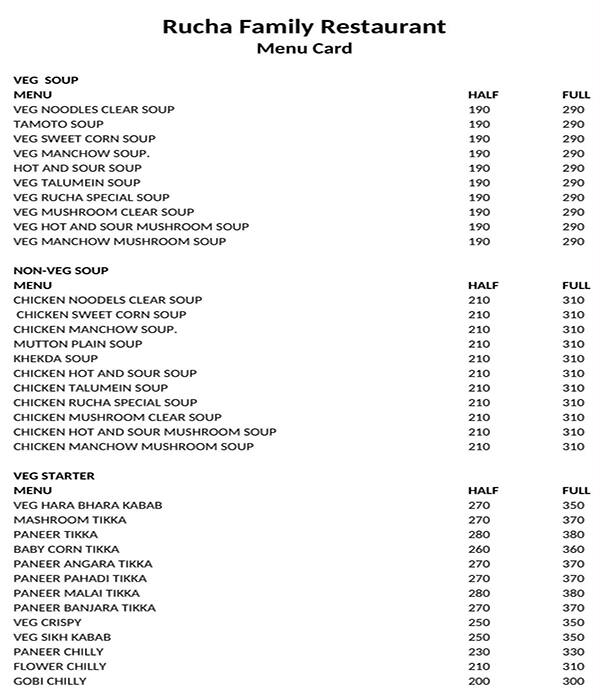 Menu of Rucha Family Restaurant, Parijat Nagar, Nashik
