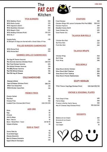 Menu of The Fat Cat Kitchen, Yapral, Secunderabad