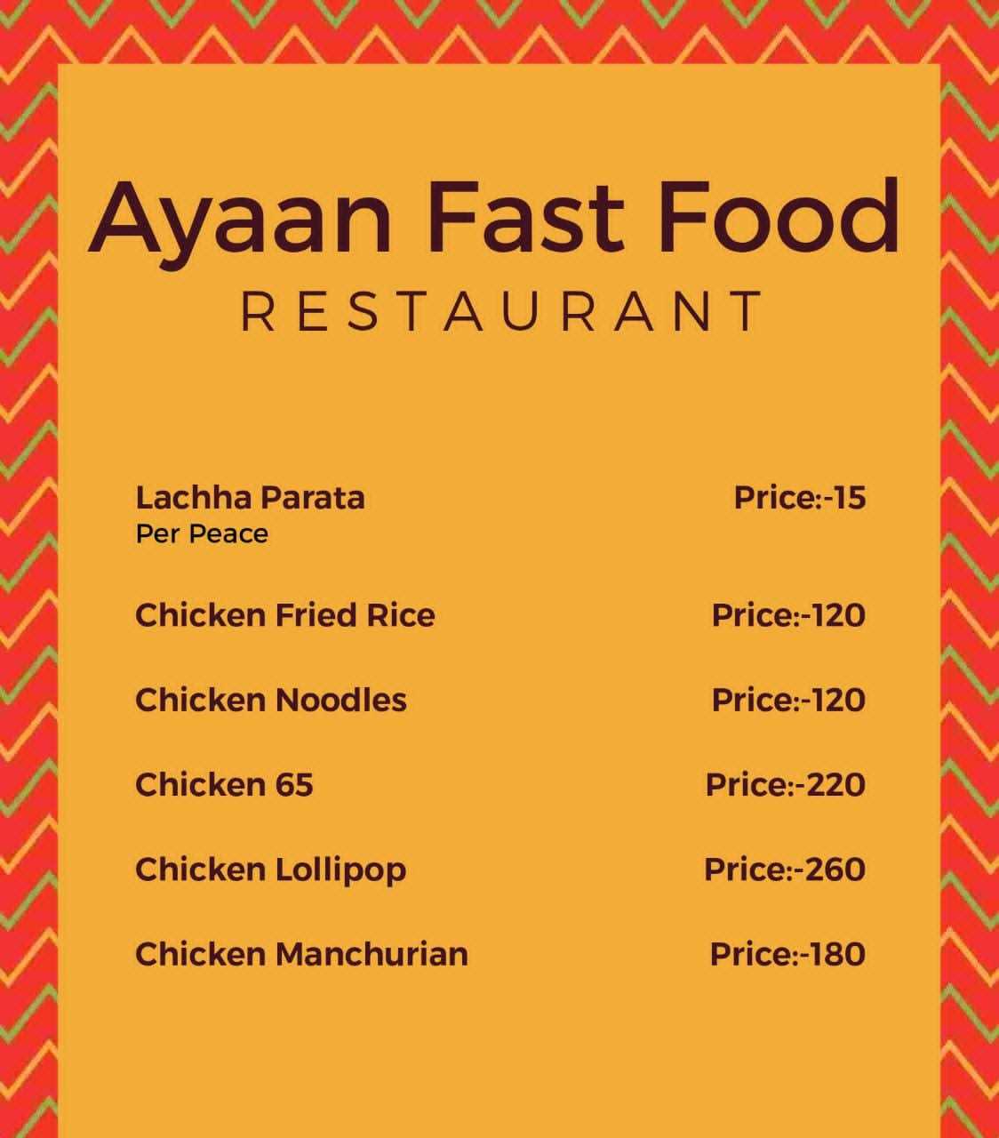 Menu of Ayaan Fast Food, Charminar, Hyderabad
