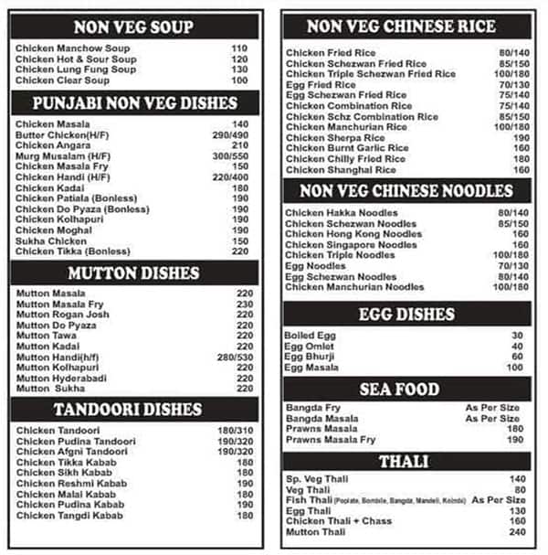 Menu of Hotel Shrisha, Ghansoli, Navi Mumbai