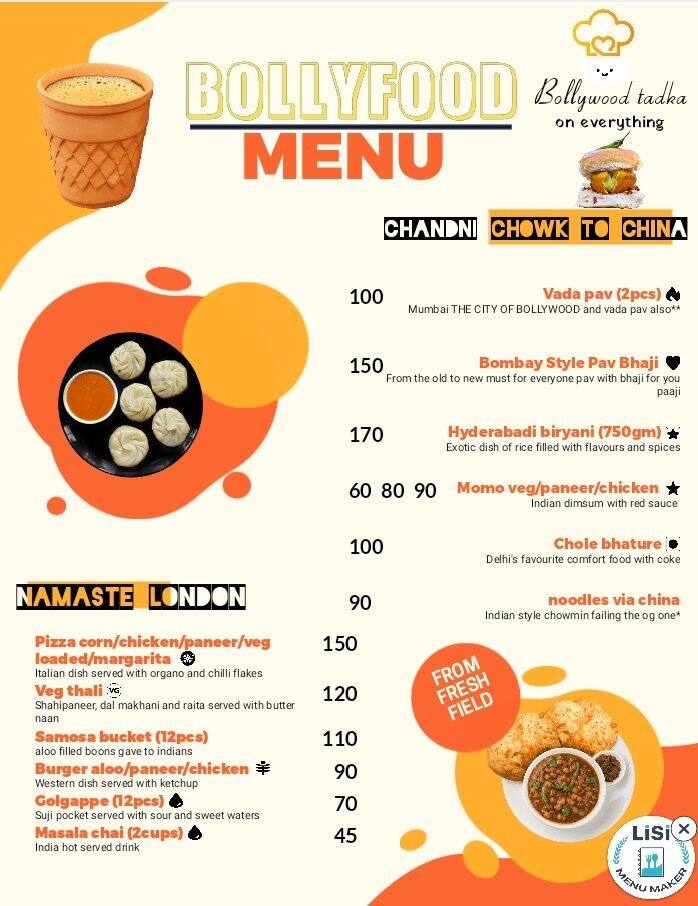 Menu of Bollywood's Bite, Tughlakabad Institutional Area, New Delhi