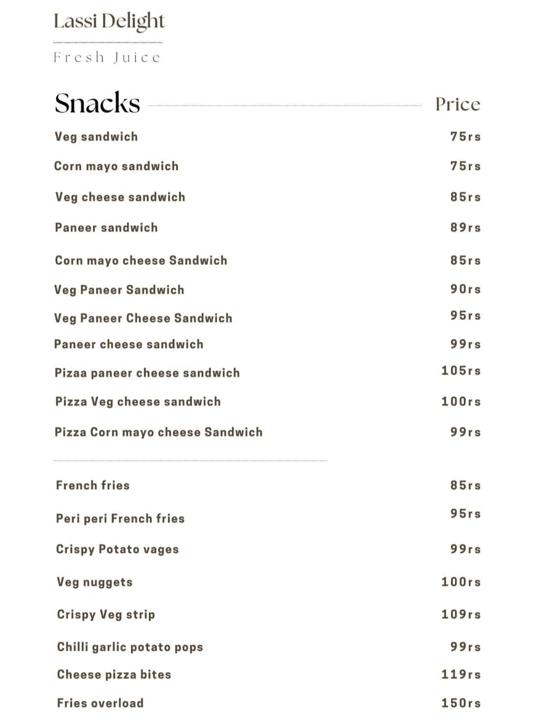 Menu of Lassi Delight, Indiranagar, Bangalore