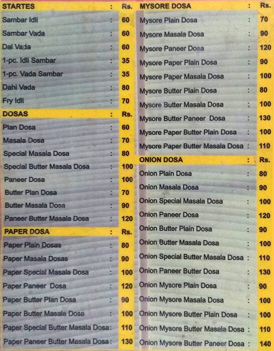 Menu Of South Indian Food Bhikaji Cama Place New Delhi