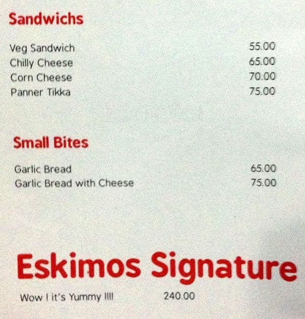 Menu at Eskimos Restaurant, Coimbatore