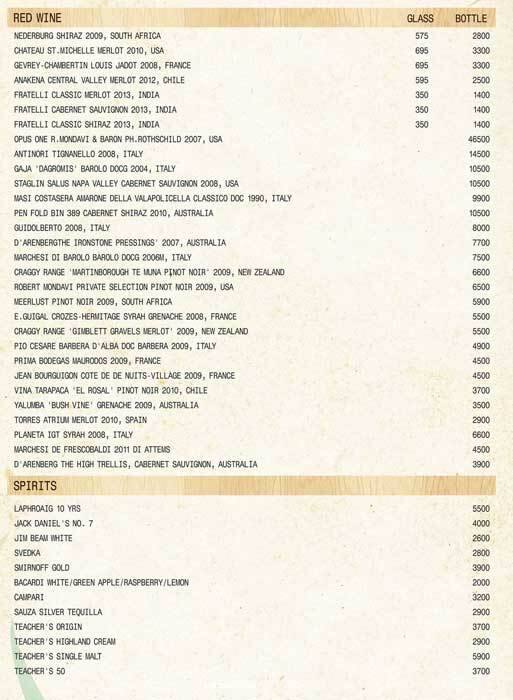 Menu at Mistral, New Delhi, 2