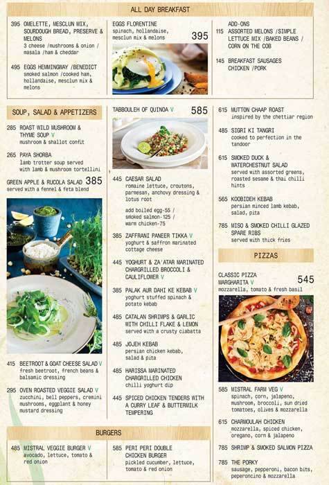 Menu at Mistral, New Delhi, 2