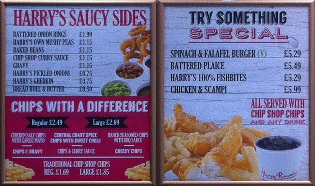Menu at Harry Ramsden's restaurant, London, Euston Station