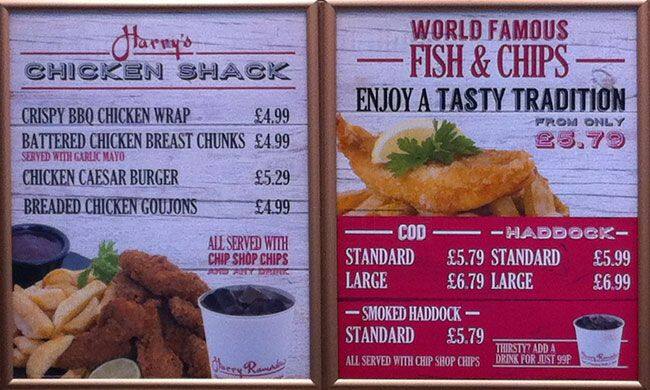 Menu at Harry Ramsden's restaurant, London, Euston Station