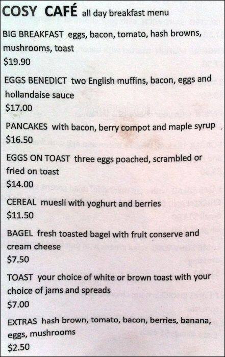 Menu at Cosy Cafe, Christchurch, 150 Cavendish Rd