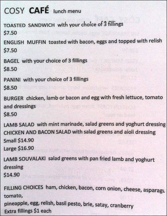 Menu at Cosy Cafe, Christchurch, 150 Cavendish Rd