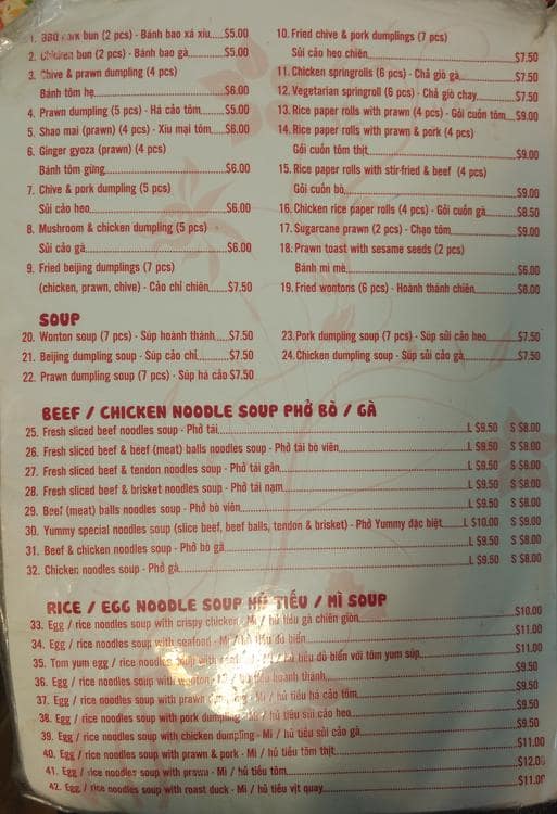 Menu at Yummy Pho restaurant, Frankston