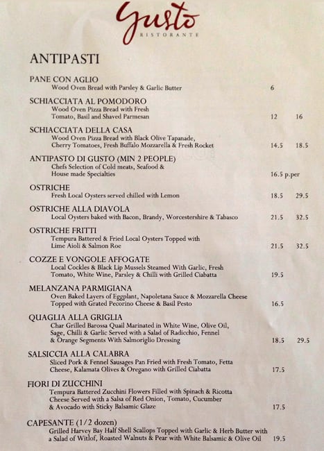 Menu at Gusto restaurant, Norwood