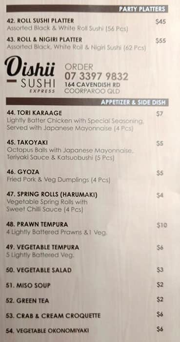 Menu at Oishii restaurant, Coorparoo, Shop 1