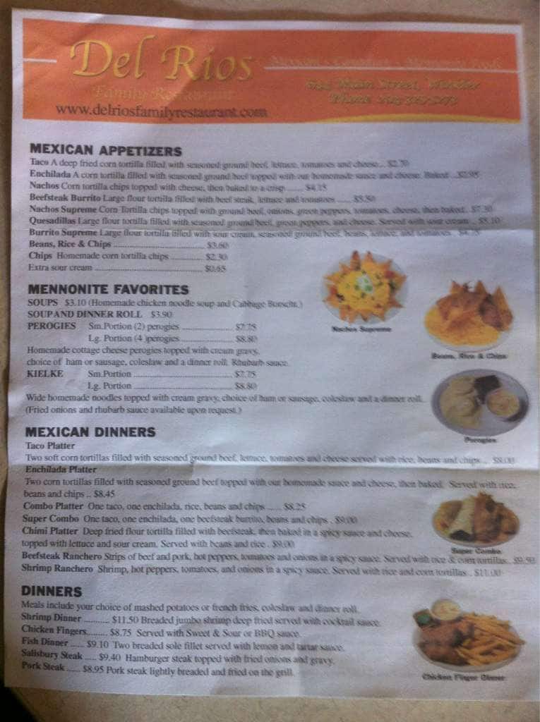 Menu at Del Rios restaurant, Winkler