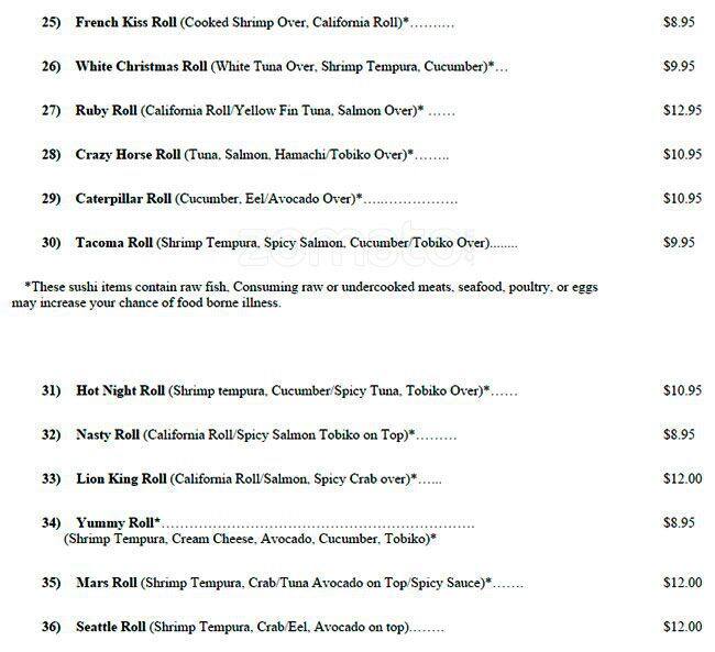 Menu at Flying Fish restaurant, Tacoma