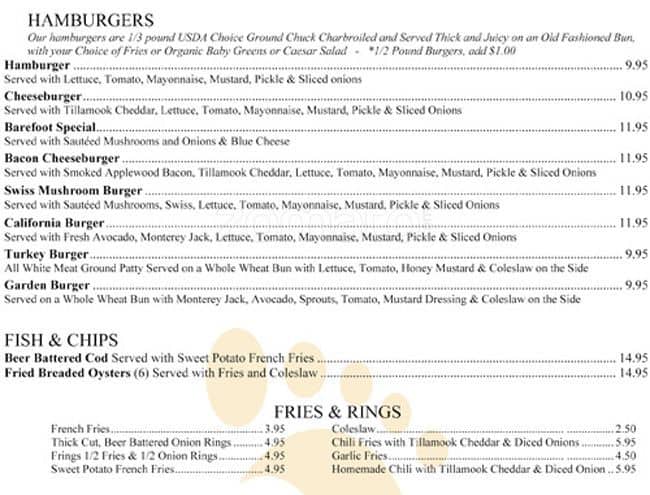Menu at Barefoot Cafe, Fairfax
