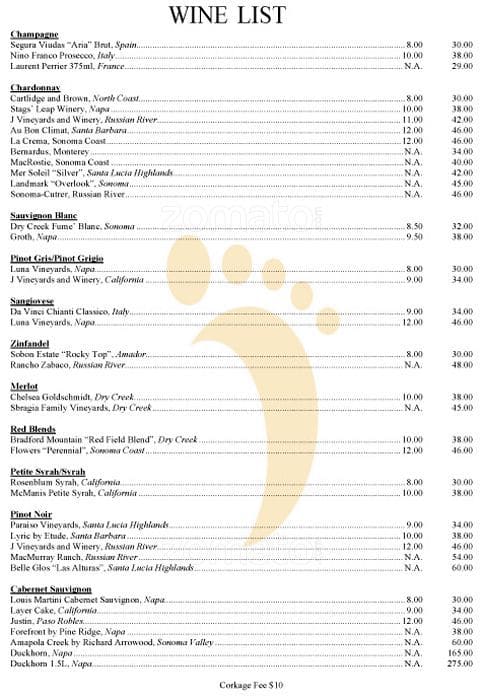 Menu at Barefoot Cafe, Fairfax