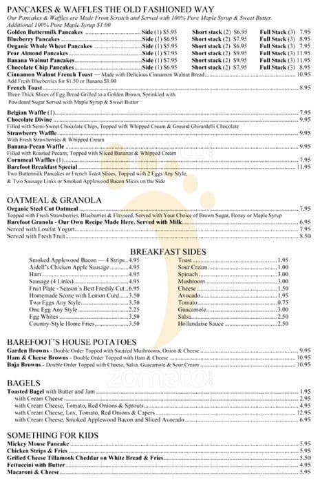 Menu at Barefoot Cafe, Fairfax