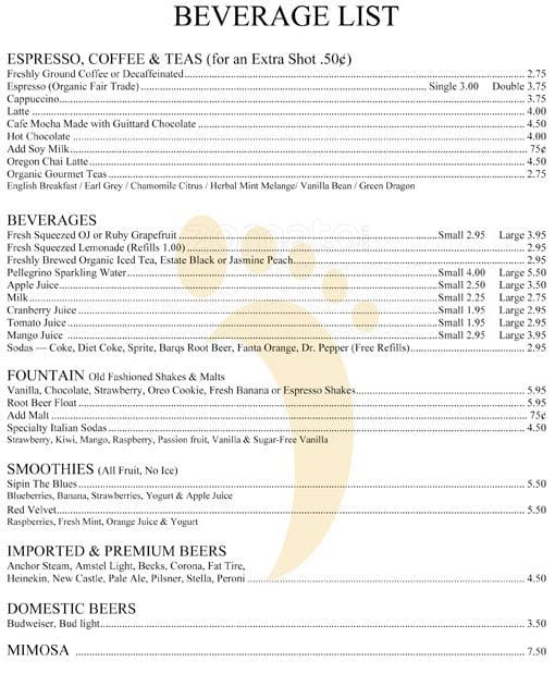 Menu at Barefoot Cafe, Fairfax