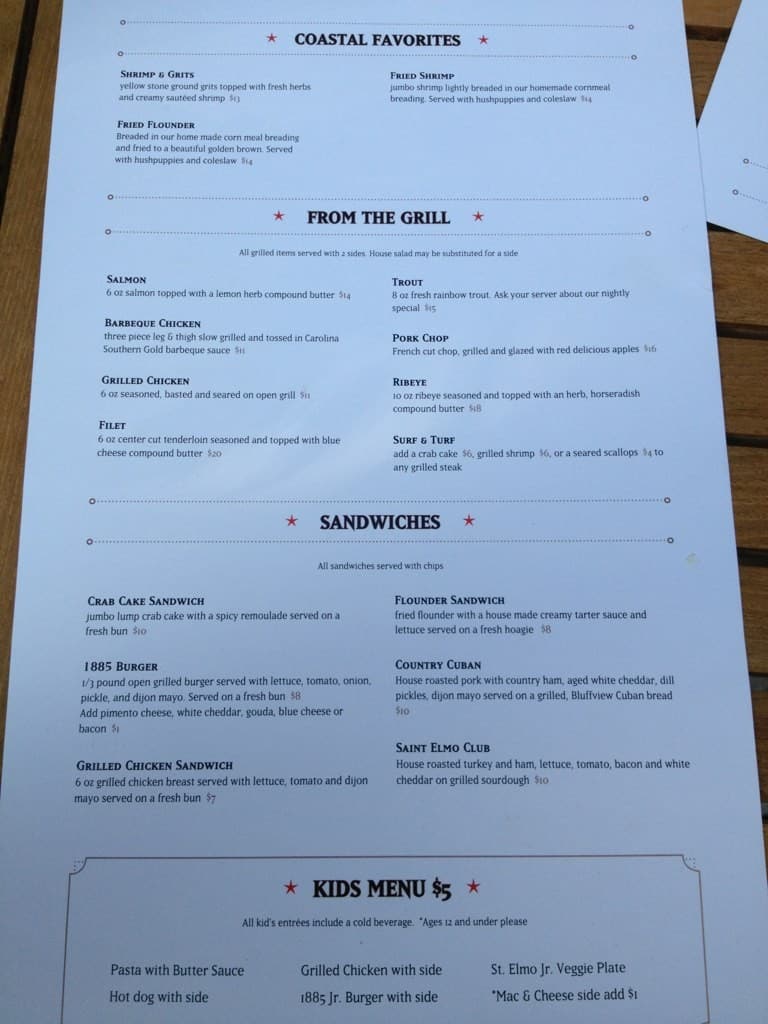 Menu at 1885 Grill restaurant, Chattanooga, 3914 St Elmo Ave