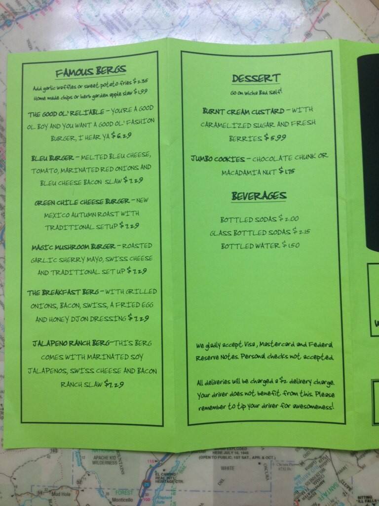 Menu at Big D's Downtown Dive restaurant, Roswell