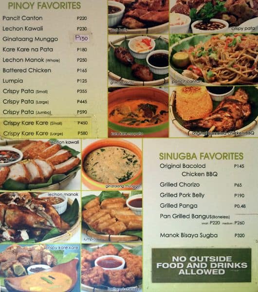 Menu at Lantaw Busay restaurant, Cebu City